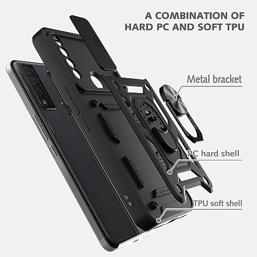 AKINIK for TCL 30 XE 5G Phone Case with Slide Camera Cover and 2pcs HD Screen Protector, 360° Rotation Ring Kickstand [Military Grade] Case for TCL 30 XE 5G (Black)