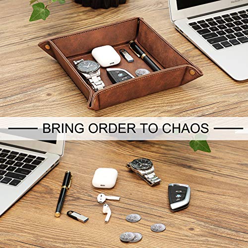 SITHON Valet Tray Desktop Storage Organizer β Premium PU Leather Catchall Tray Bedside Vanity Tray Nightstand Caddy Holder for Remote Controller, Keys, Phone, Wallet, Coin, Jewelry, Brown
