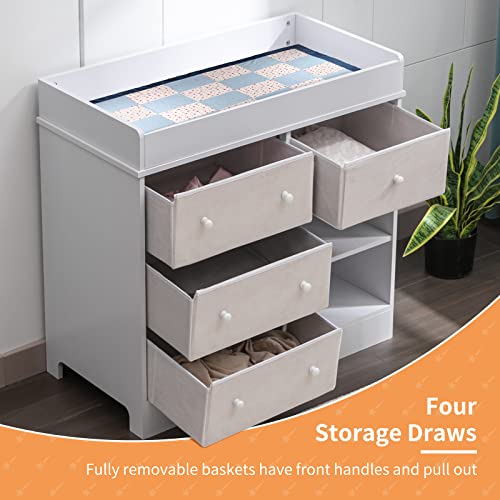 Changing Table with 4 Drawers, Changing Table Dresser with Changing Top and 2 Shelves, Infant Baby Diaper Changing Station for Nursery Bedroom Living Room, Diaper Changing Station