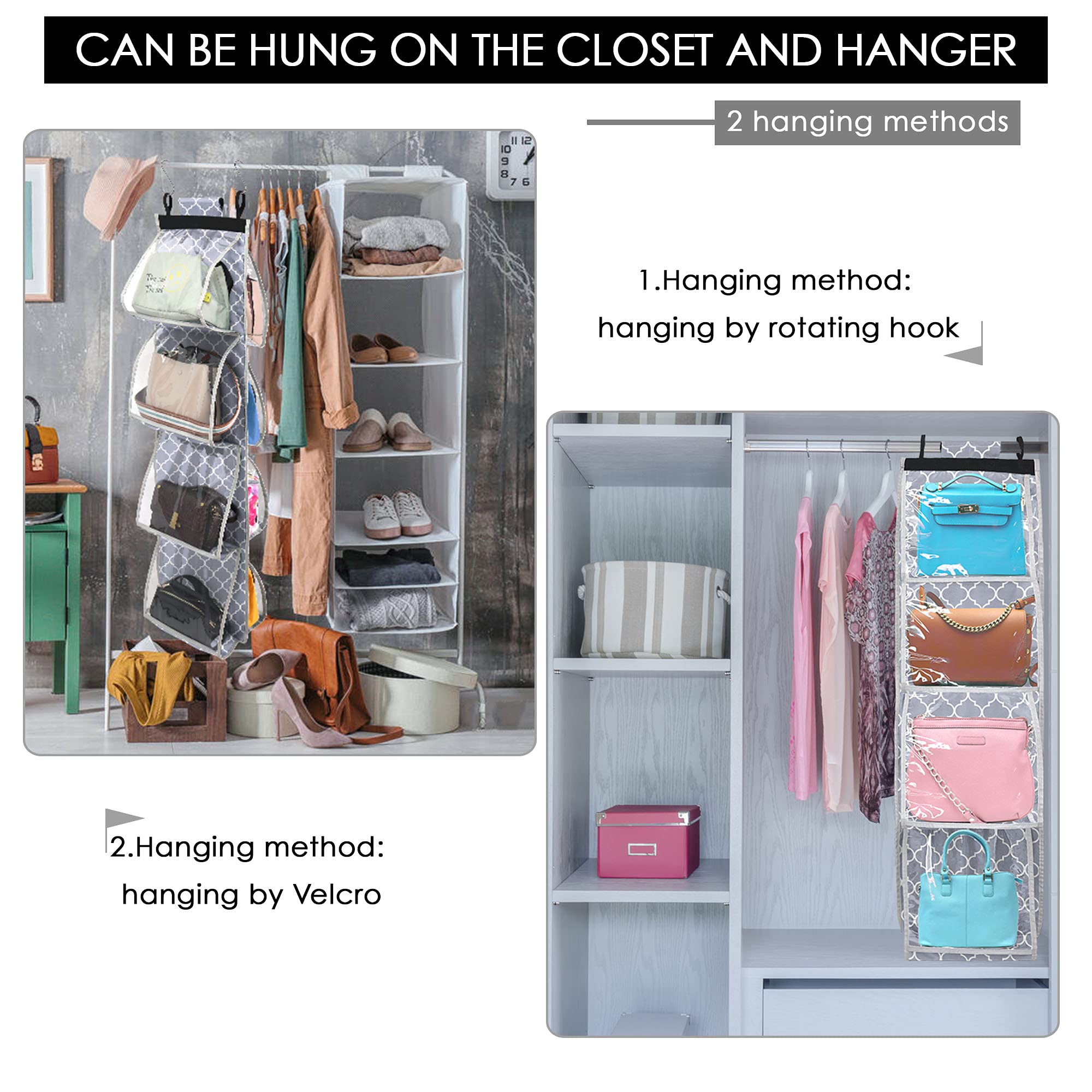 BeeGreen Purse Organizer for Cloest Handbag Storage Bag Hanging Purse Holder with 8 Clear Pockets & 2 Swivel Hooks, Grey with White, 16" x 10" x1.3" for Women
