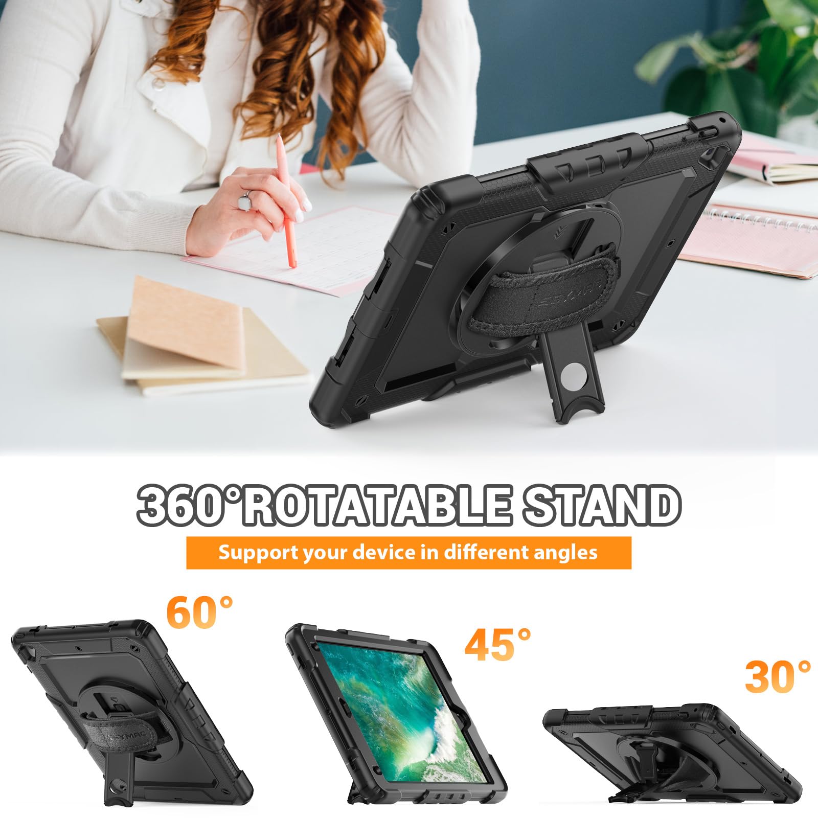 SEYMAC Case for iPad 6th/5th Generation Case 9.7 Inch, Full-Body Shockproof Heavy Duty Protective Case with Screen Protector, Rotating Stand/Hand/Shoulder Strap for iPad Air 2/ Pro 9.7, Black