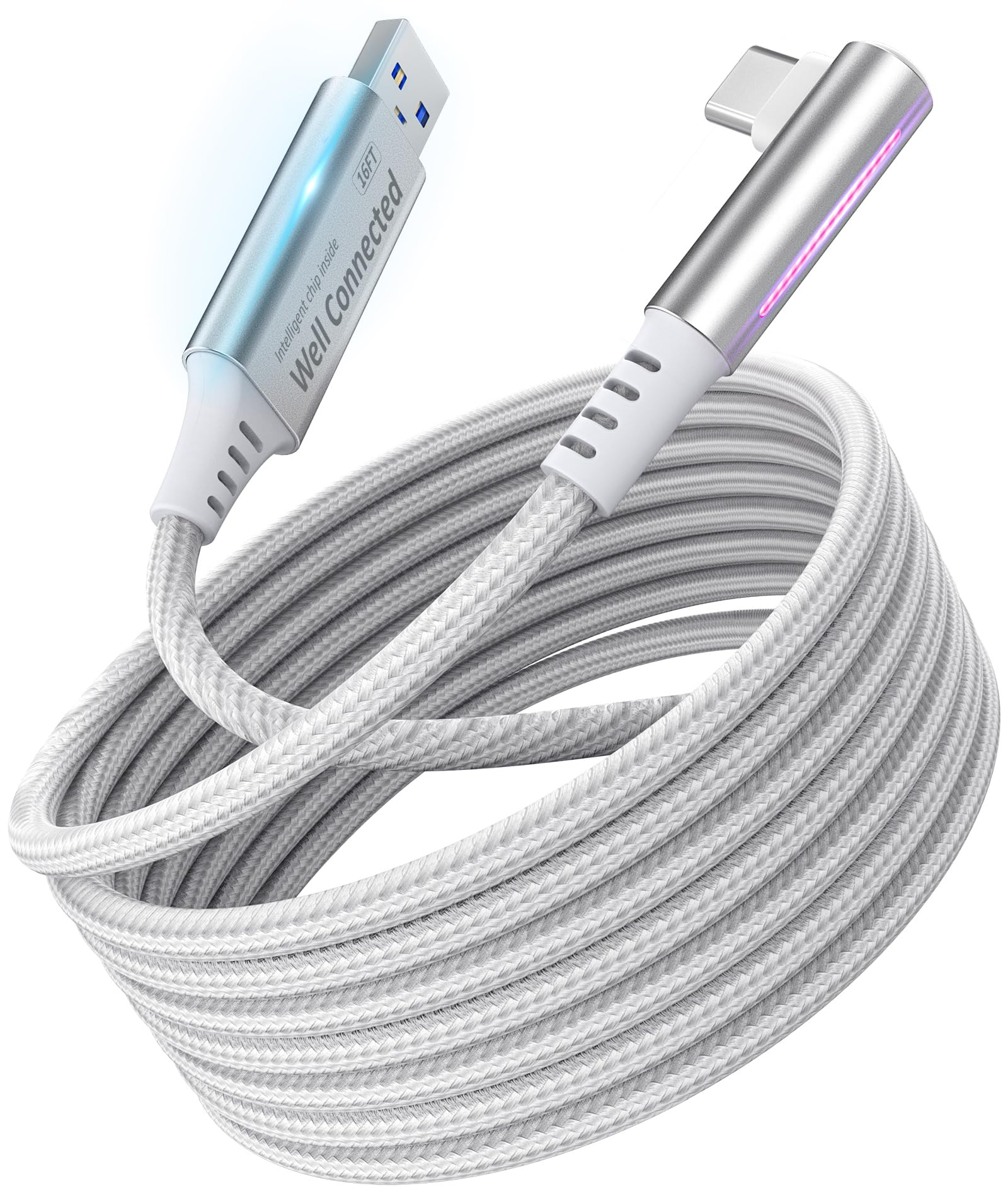 6AMGame link cable 16 ft Compatible with Meta Quest 3/2 Accessories VR Headset, High Speed Data Transfer Cord USB 3.0 Cable Type C LED Light for Gaming PC/Steam VR link cable 16 ft Compatible
