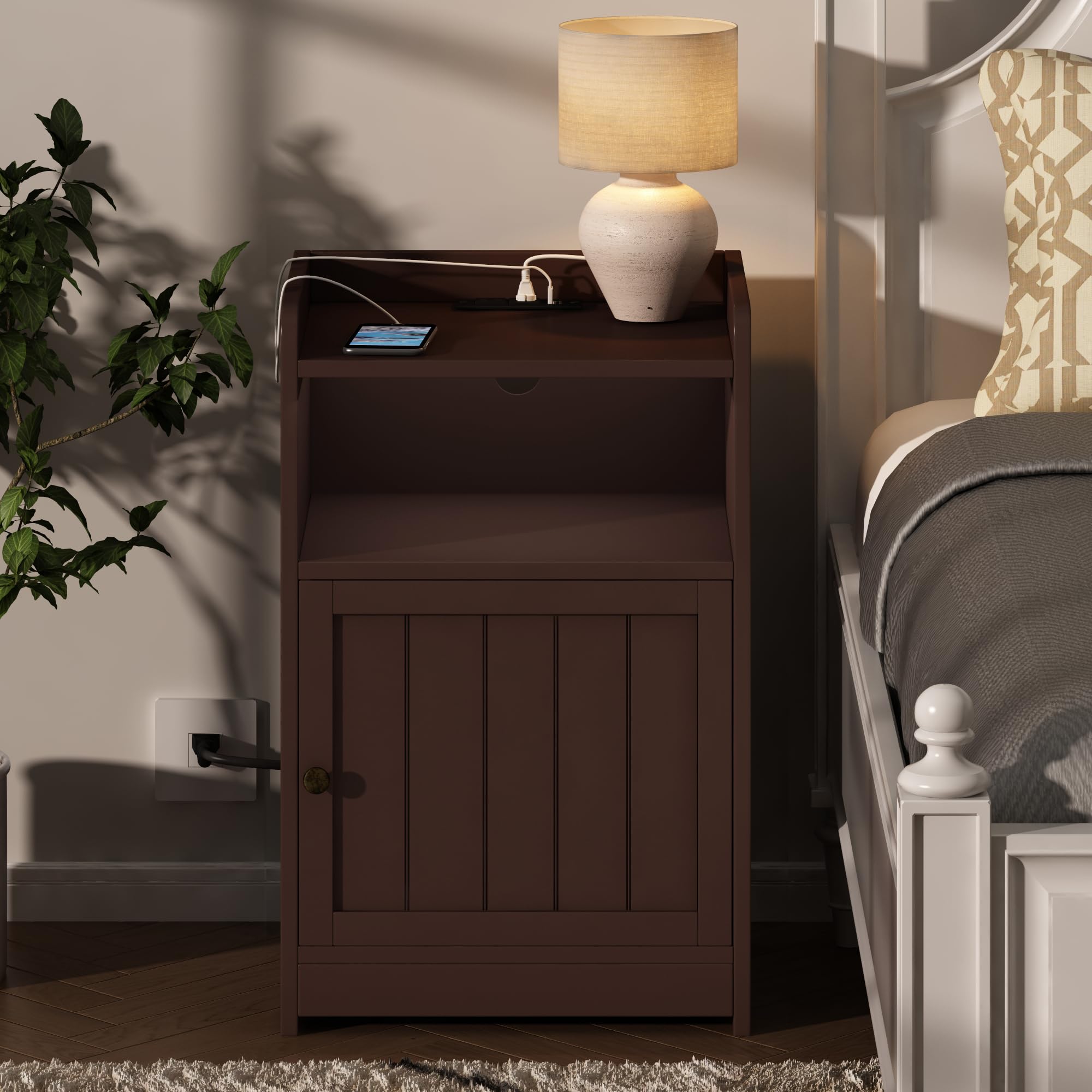 ChooChoo Nightstand with Charging Station Set of 2, Night Stand with Cabinet and Open Storage, Bed Side Table for Bedroom, Espresso