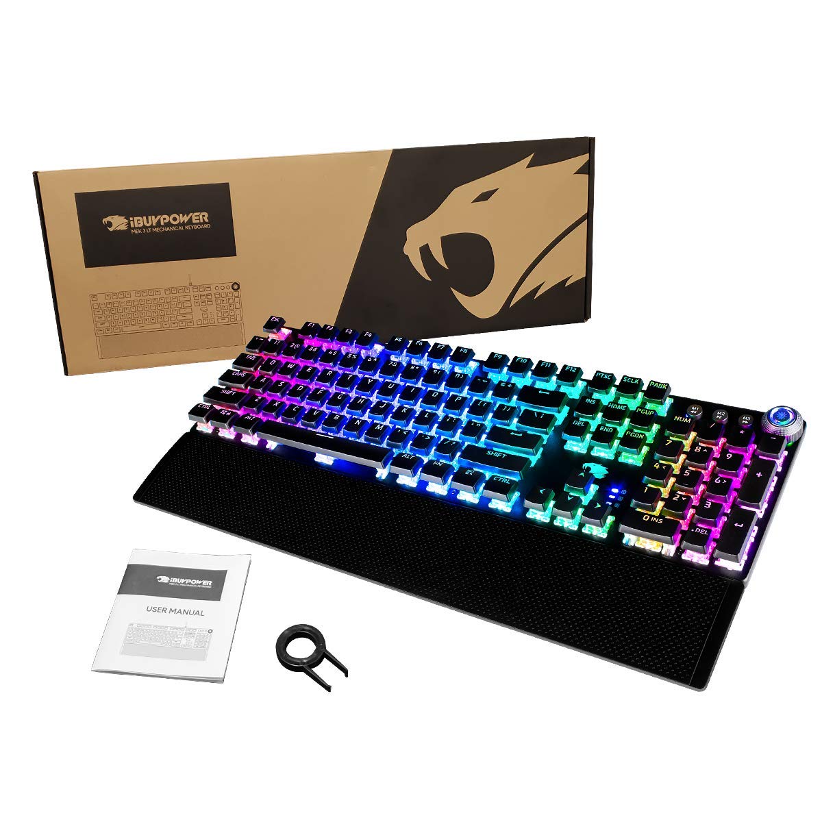 iBUYPOWER MEK 3 LT Mechanical Gaming Keyboard with Clicky Blue Switches, Aluminum Top Surface, Full Sized Keyboard, 104 Keys Low-Profile, Double Injection Keycaps, Braided USB