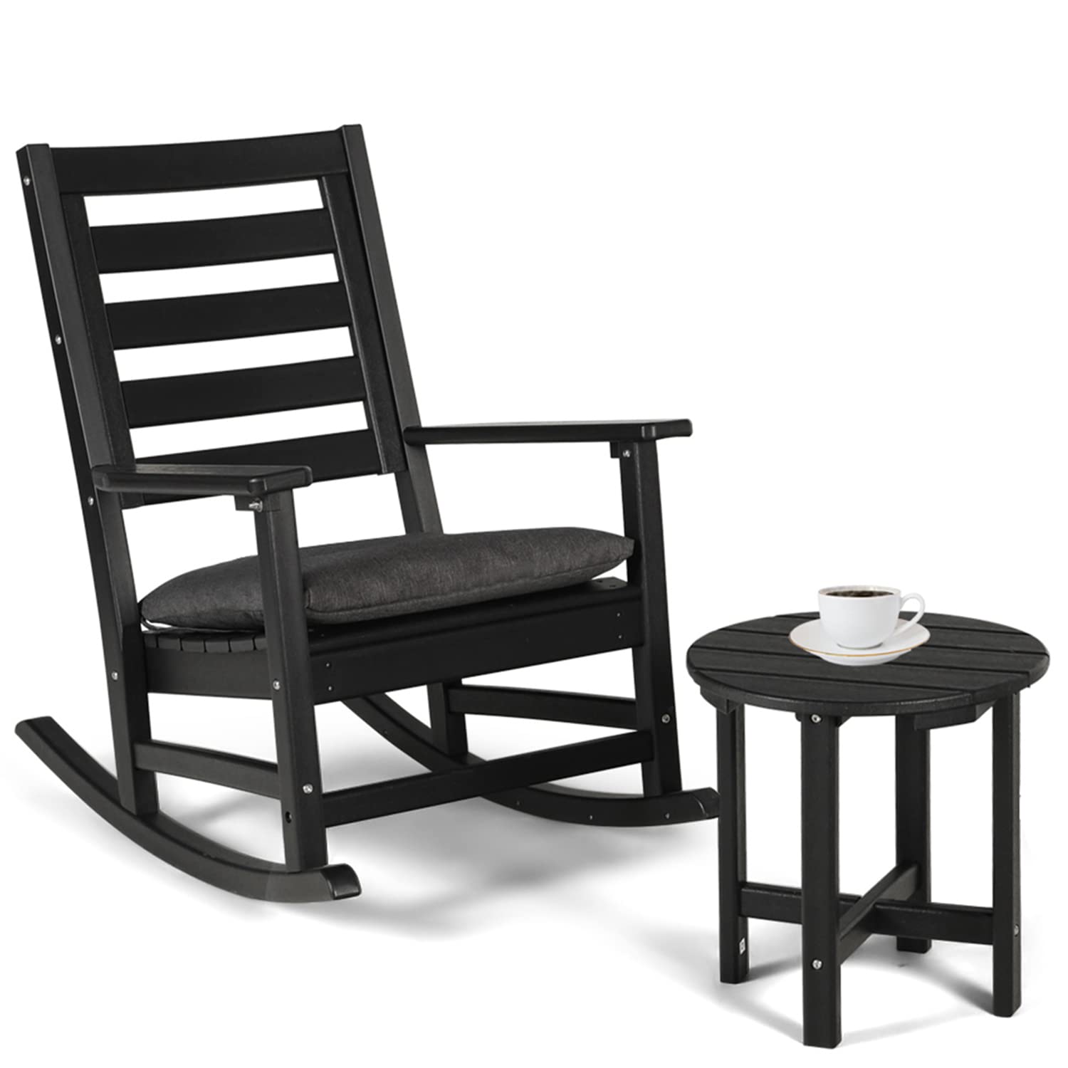 HOPUBUY Patio Rocking Chair Outdoor with Cushion, HDPE Patio Rocking Chair, All Weather Resistant Rocker Chair for Porch Garden Yard Living Room, Black with Table