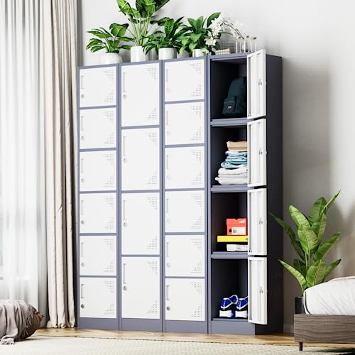 Halamine Employee Lockers, 4 Tiers Metal Locker for Storage, Tall Steel Storage Lockers for Employees, Lockable Lockers for Office, School, Gym, Office (White-Grey)