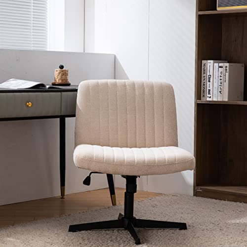 ESTRUCO Armless Wide Office Chair Fabric Padded Desk Chair No Wheels Task Vanity Chair Swivel Home Office Desk Chair 120°Rocking Mid Back Computer Chair for Make Up (Textile-Beige)