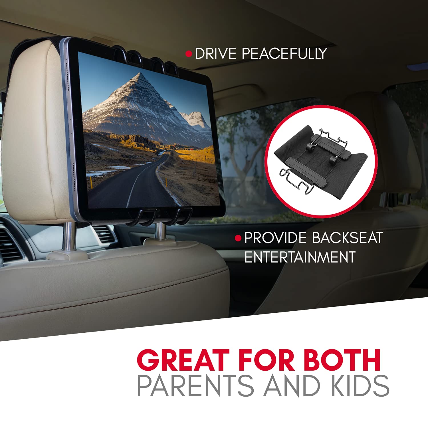 Macally Tablet Holder for Car Headrest for Happy Kids - (Upgraded) iPad Car Holder Back Seat Mount Strap - Rear Facing Head Rest iPad Holder for Car Backseat with Adjustable Case Angles