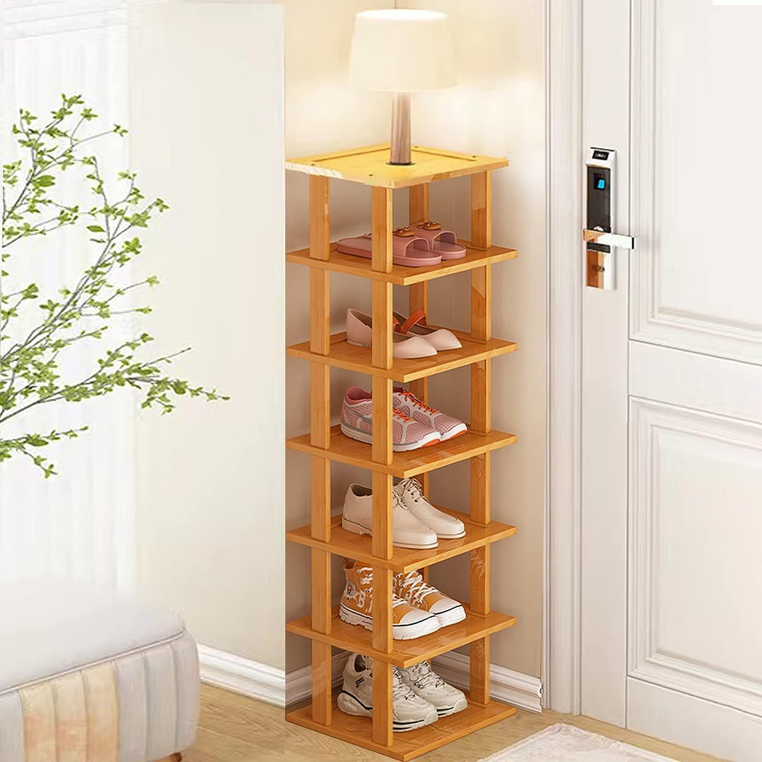 7 Tiers Bamboo Shoe Rack,Vertical Shoe Rack for Small Spaces,Tall Narrow Shoe Rack Organizer for Hallway,Closet Entryway Corner Garage and Bedroom,Skinny Shoe Shelf Free Stackable,Space Saving Storage
