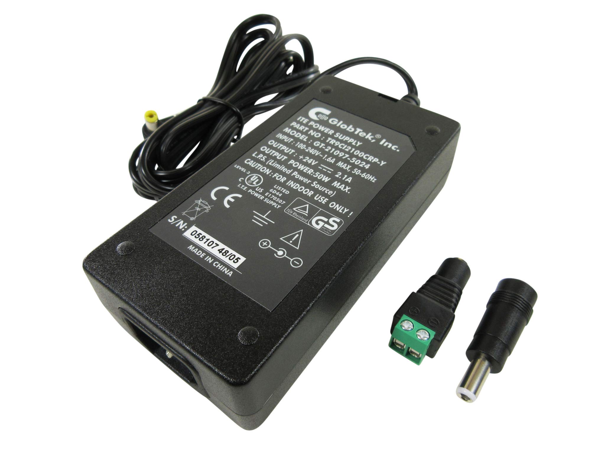 GlobTek UL Listed 24V DC Adapter Transformer Power Supply Model GT-21097-5024, TR9CI2100CRP-Y. 100-240V AC to 24V DC, 2.1A - for Computer Peripherals, CCTV Security Cameras, PLC Controllers