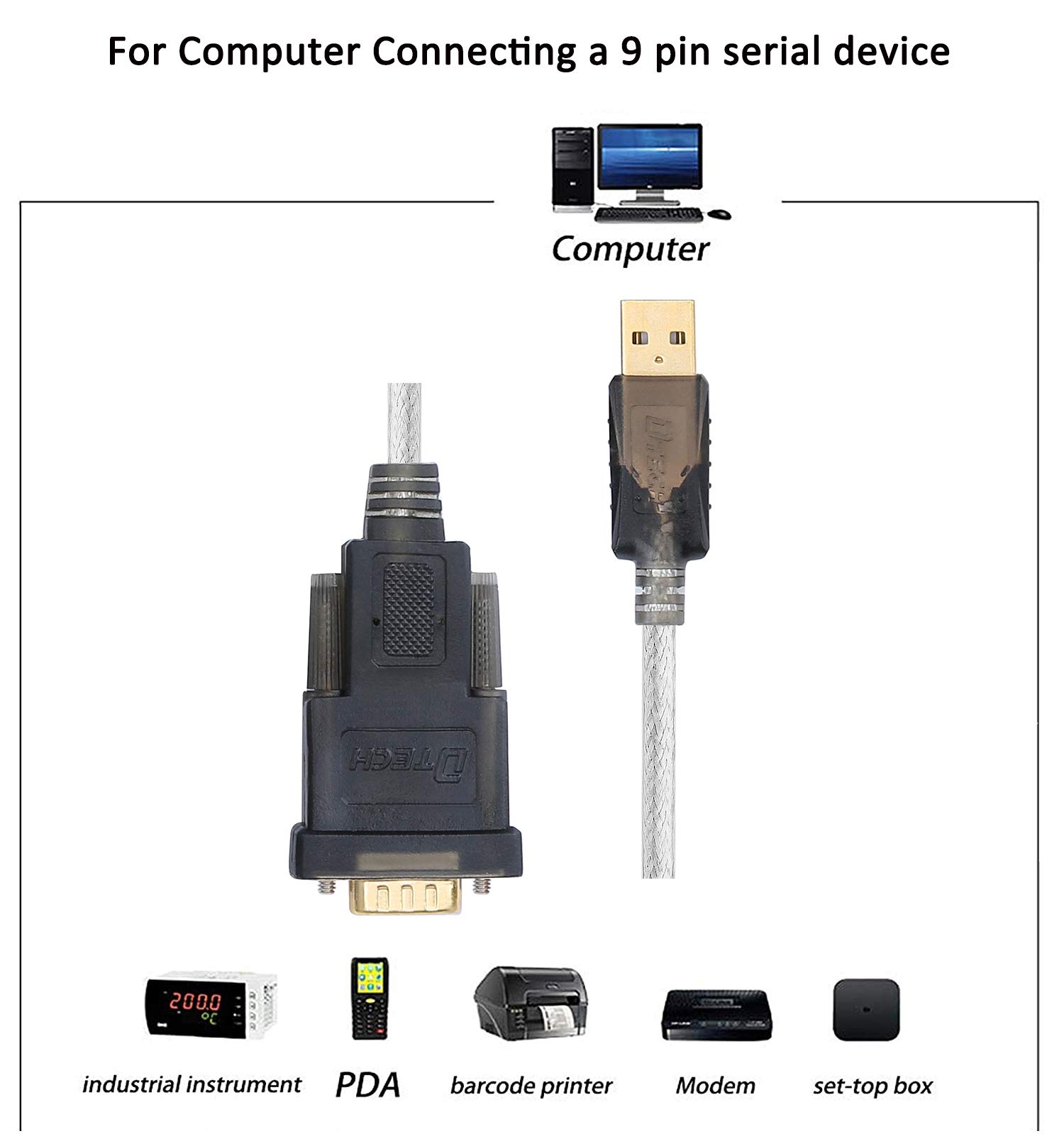 DTech Serial Cable to USB Adapter DB9 Male RS232 Port Supports Windows 11 10 8 7 Mac (6 Feet, PL2303)