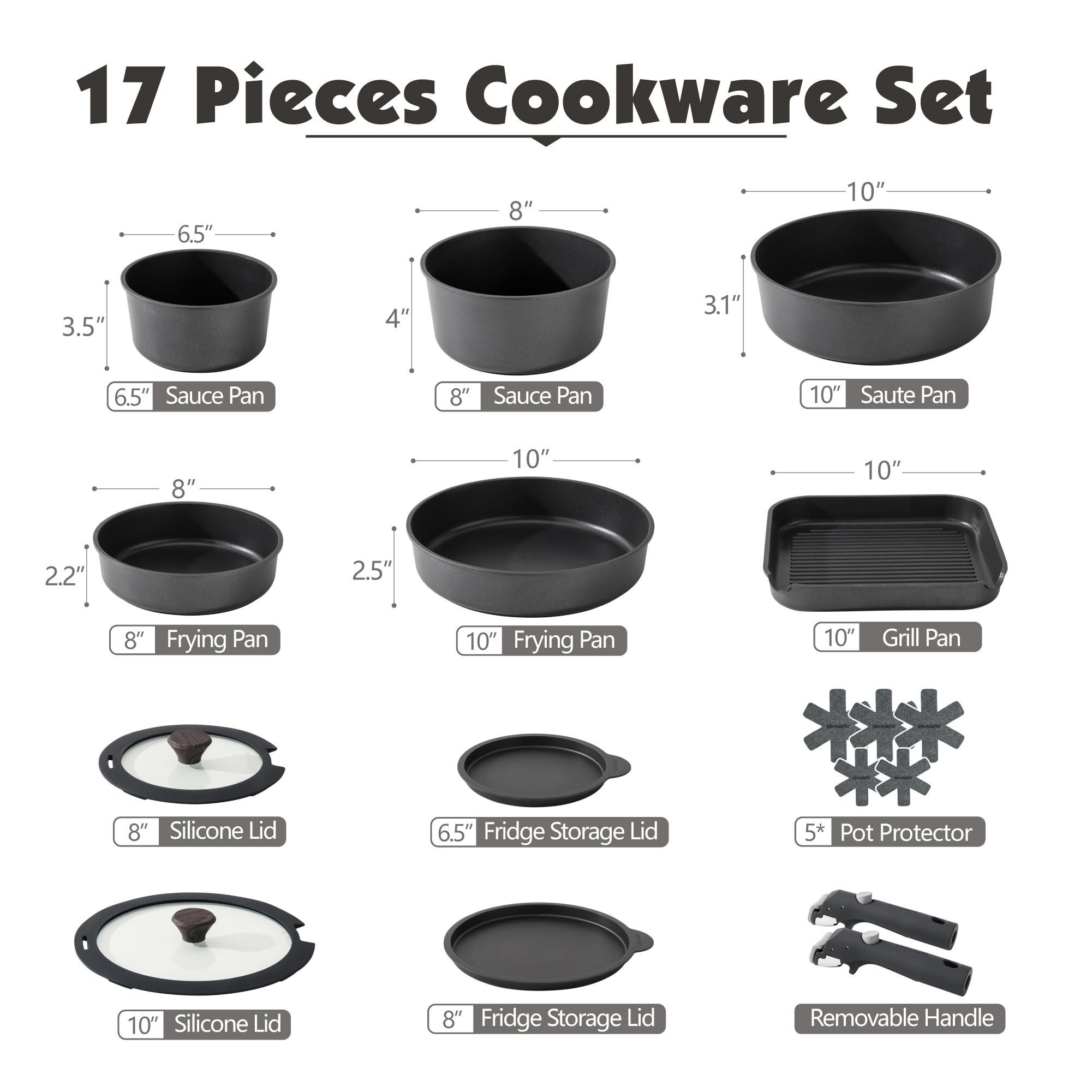 SENSARTE 17 Piece Pots and Pans Set, Nonstick Detachable Handle Cookware, Induction Kitchen Cookware Set with Removable Handle, Healthy Non Stick RV Cookware, Dishwasher & Oven Safe, PFOA Free (Black)