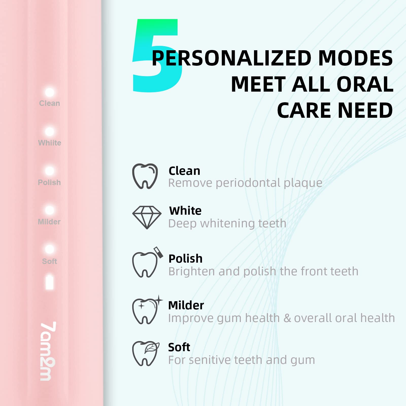 7AM2M Sonic Electric Toothbrush 2 Pack Set for Kids and Adults, 12 Brush Heads,5 Adjustable Modes, Built-in 2-Minute Smart Timer, USB Charge IPX7 Waterproof SonicToothbrush (PINK&WHITE)