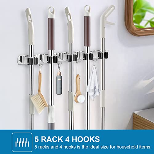 IMILLET 2 Pack Broom Holder Wall Mount, Broom Holder Stainless Steel 5 Racks with 4 Hooks Broom Organizer Wall Mount Self Adhesive Laundry Room Organization Heavy Duty Garage Organization Storage