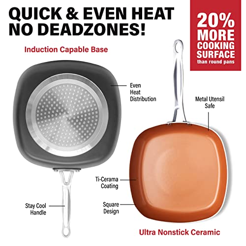 Gotham Steel Non Stick Frying Pan, 11” Square Ceramic Frying Pan Nonstick, Long Lasting Nonstick Cooking Pan, Induction Frying Pan, Egg Pan, Stay Cool Handle, Dishwasher & Oven Safe, 100% Toxin Free
