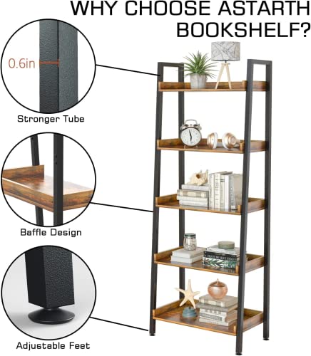 ASTARTH Ladder Shelf-5 Tier Bookshelves w/Open Shelf for Storage, Industrial Bookshelf & Tall Ladder Shelf-Metal Frame for Bedroom, Living Room, Kitchen-67.3'' H, Easy Assembly, Rustic Brown
