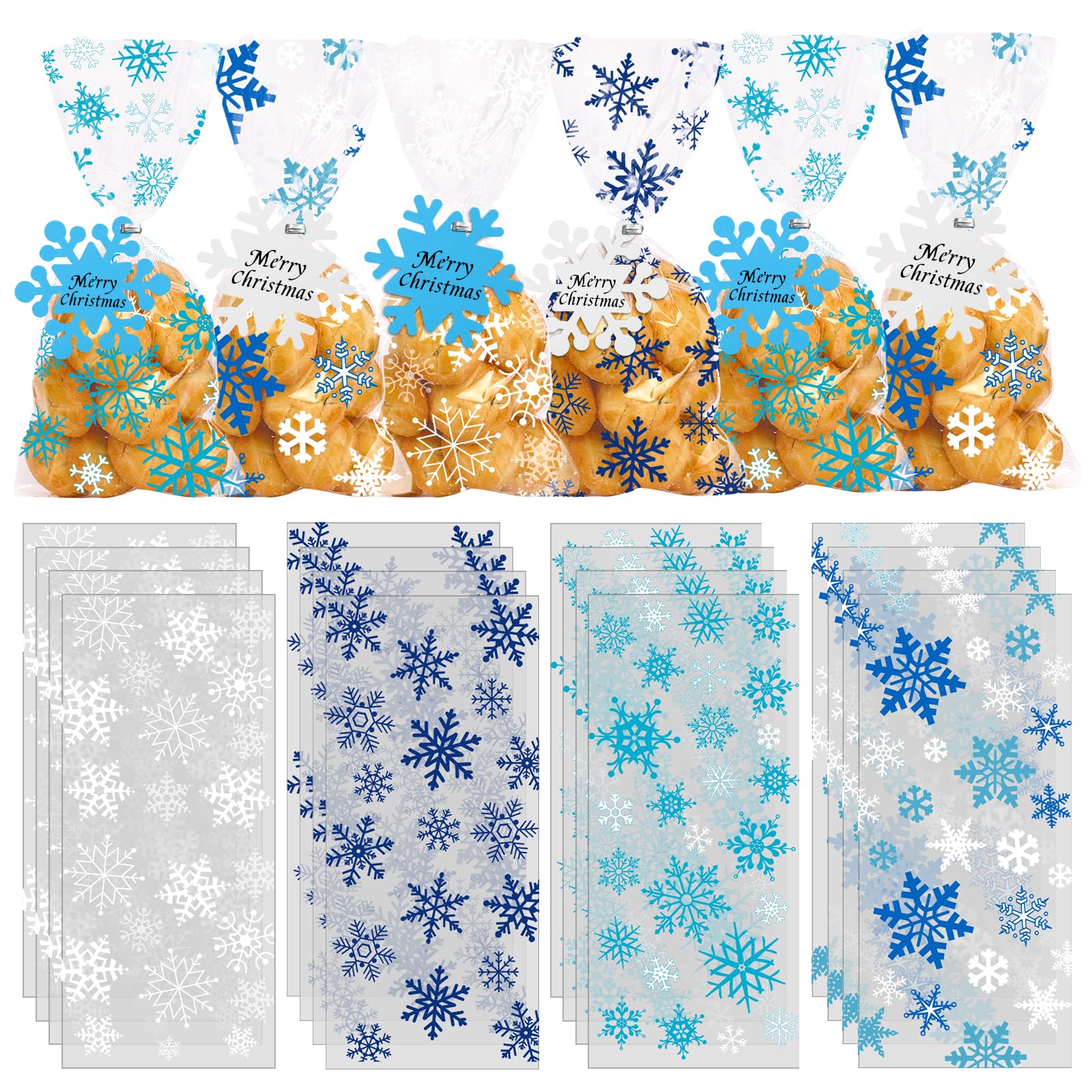 Vellibring 120PCS Christmas Cellophane Bags,Winter Snowflake Bags Transparent Plastic Candy Cookie Bags with Twist Ties Snowflake Hanging Tags for Xmas Winter Holiday Party Supplies
