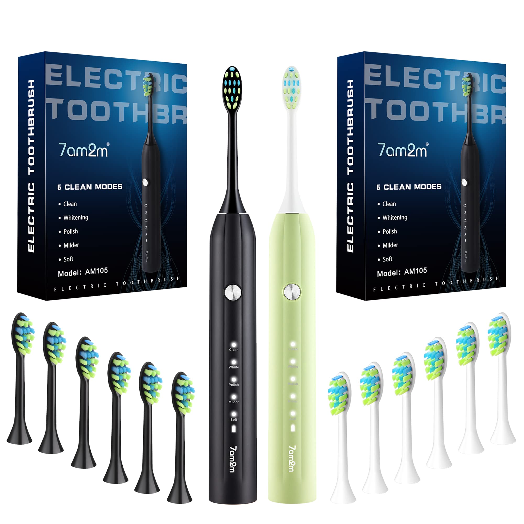 7AM2M Sonic Electric Toothbrush 2 Pack Set for Kids and Adults, 12 Brush Heads,5 Adjustable Modes, Built-in 2-Minute Smart Timer, USB Charge IPX7 Waterproof SonicToothbrush (BLACK&GREEN)