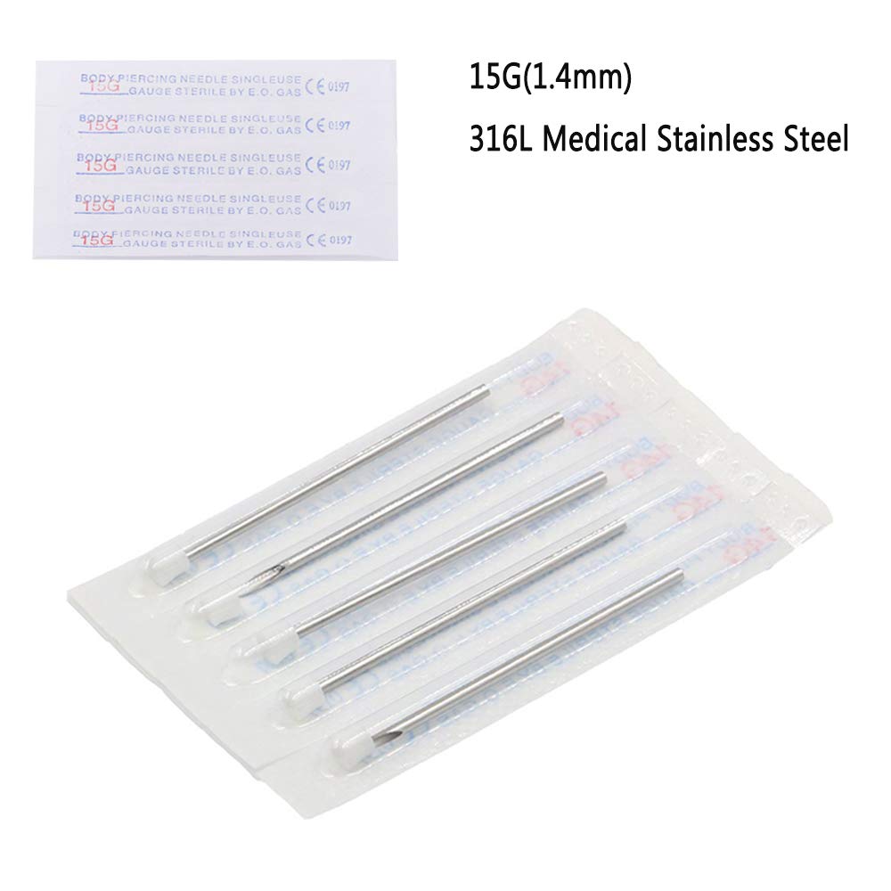 ZS 100pcs Body Piercing Needles - Ear Navel Nose Lip Nipple Piercing, 14G, 15G, 16G, 18G, 20G, Disposable Professional Body Piercing Needles Tool, Tattoo Supplies (15G)