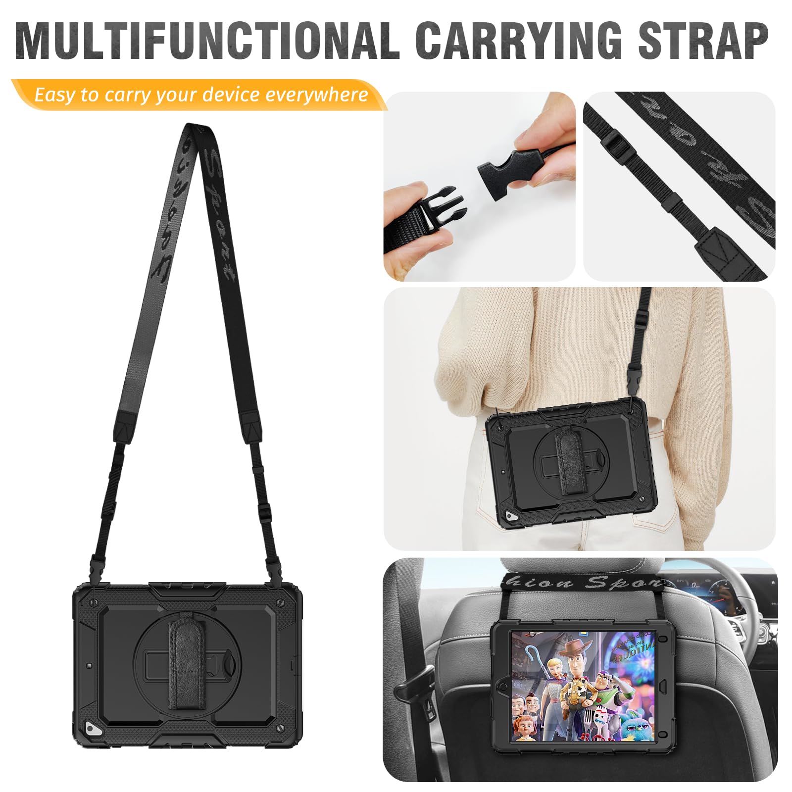 HXCASEAC Case for iPad Pro 9.7, Air 2, 9.7 inch 6th/5th Gen 2018/2017/2016/2014 with Screen Protector/Pencil Holder/ 360 Rotating Hand Strap Stand, Full Body Protective Cover for iPad 9.7 - Black