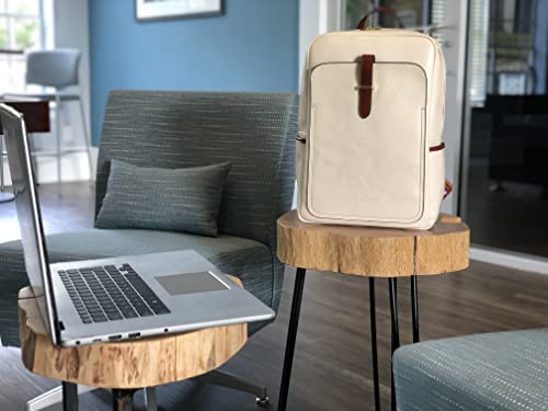 ARKIA Women's Genuine Leather Large Laptop Backpack - College Travel Business Daypack (Beige)