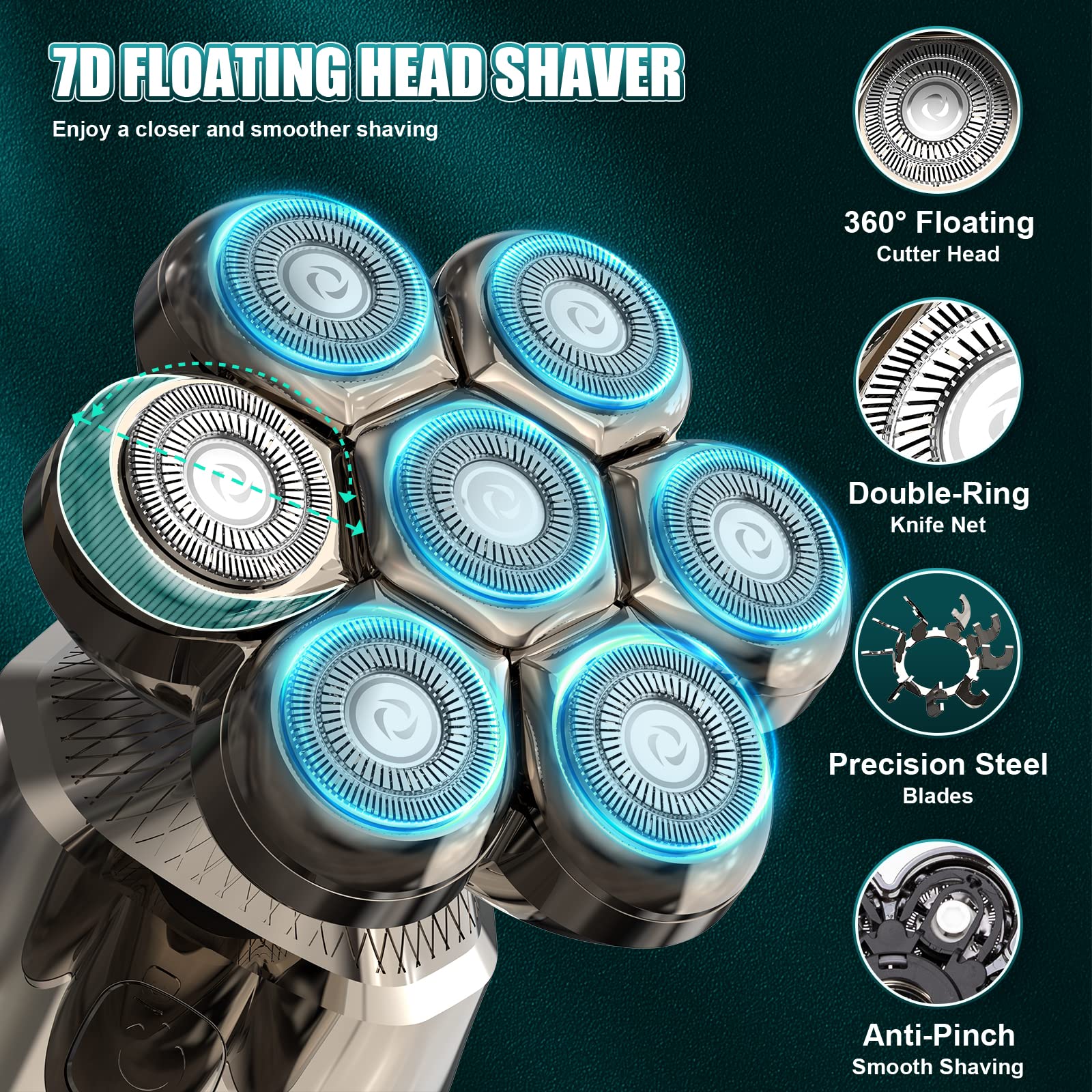7D Magnetic Head Shaver for Men, TURN RAISE 6 in 1 Waterproof with LCD Display Bald Head Shavers for Men, 3 Modes Wet Dry Electric Razor for Men, USB Rechargeable Electric Shavers for Men Bald Head