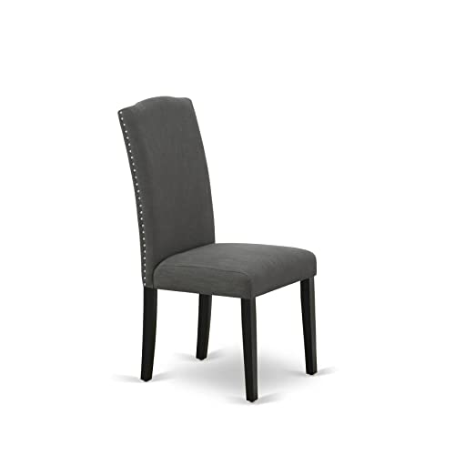 East West Furniture DLEN5-BLK-20 5Pc Round 42" Kitchen Table With Two 9-Inch Drop Leaves And Four Parson Chair With Black Leg And Linen Fabric Dark Gotham Grey, 5