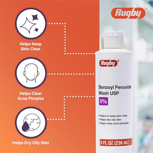 Rugby Benzoyl Peroxide Wash USP 5% - Helps to Clear Acne Pimples and Dry Oily Skin - Acne Medication - 8 Fl. Oz.