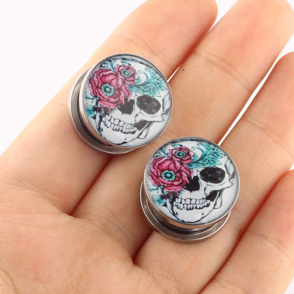 4 Pairs Surgical Steel Skull Ear Tunnels and Plugs 2g 0g 00g Earrings Gauges Expander Plugs for Ear (6mm=2g)
