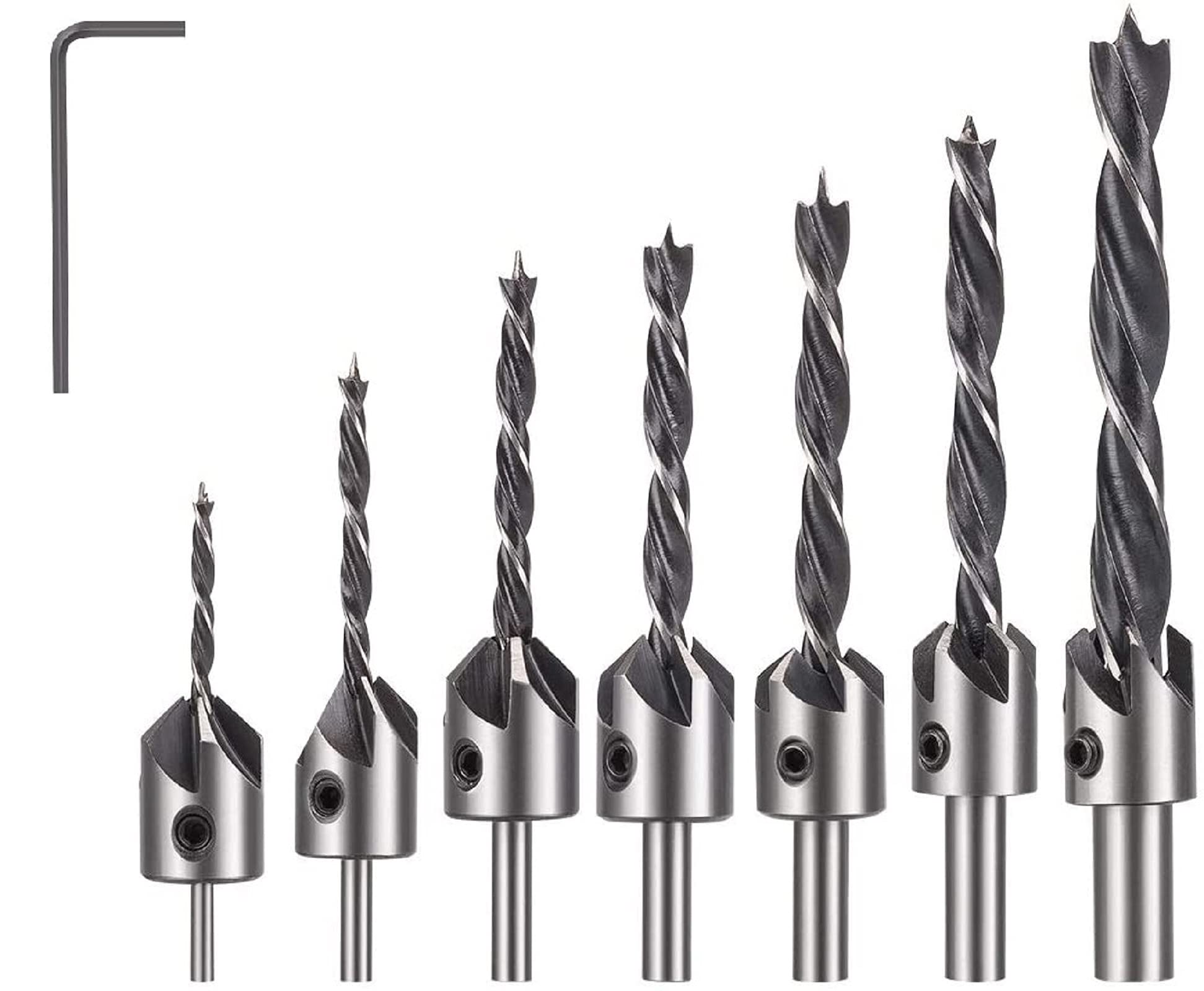 REDDSN Woodworking Countersink Drill Bit Set,Three-Pointed HSS Drill Bits Set Carpentry Reamer with Hex Key Wrench,for Drilling Wood and Plastic Include Size 3/4/5/6/7/8/10mm 7pcs