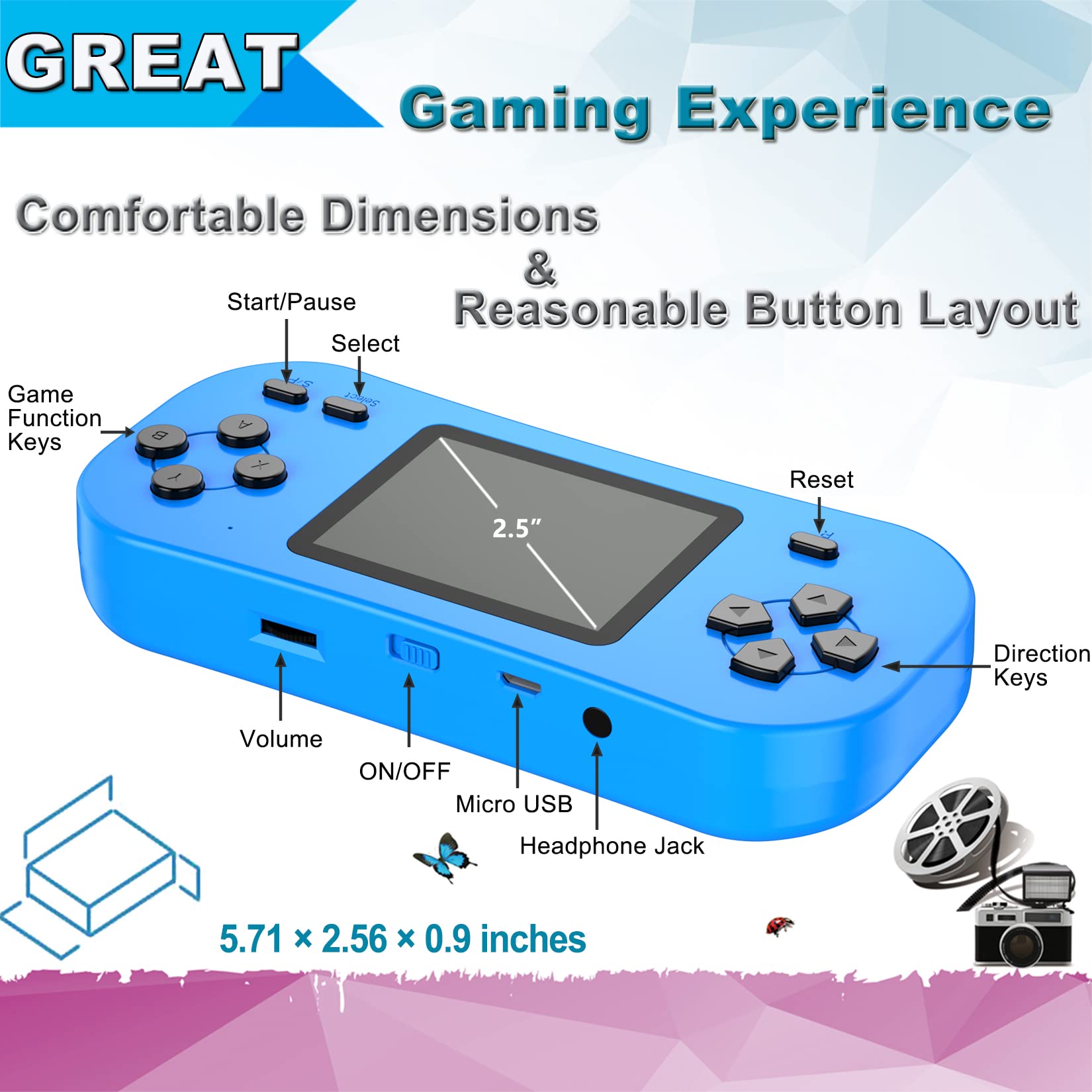 Beijue Retro Handheld Games for Kids Built in 218 Classic Old Style Electronic Game 2.5'' Screen 3.5MM Earphone Jack USB Rechargeable Portable Video Player Children Travel Holiday Entertain (Blue)