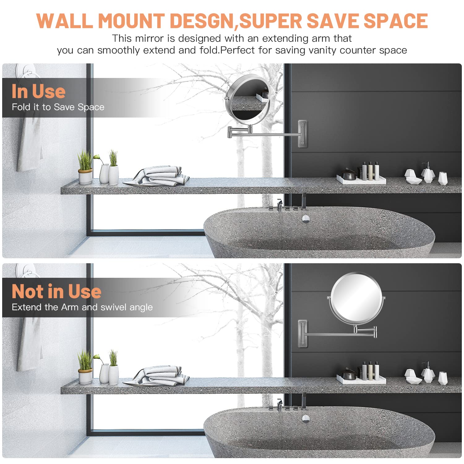 MIRRORMORE 8” Large Wall Mounted Makeup Mirror, Two-Sided 1X/10X Magnifying Mirror Extendable Long Arm, 360°Swivel Flexible HD Shower Mirror Fogless for Shaving, Fully Senior Nickel Bathroom Mirror