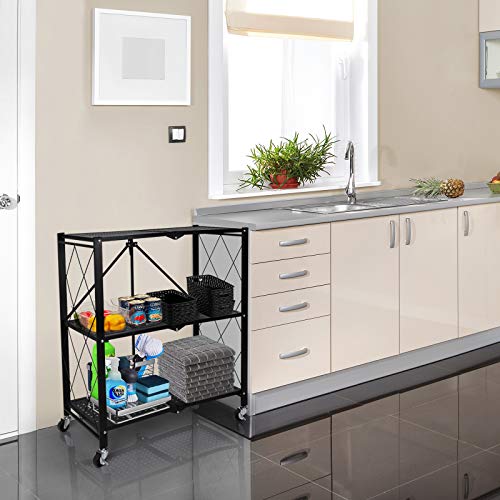 InfiniPower 3-Tier Heavy Duty Foldable Metal Rack Storage Shelving Unit with Wheels