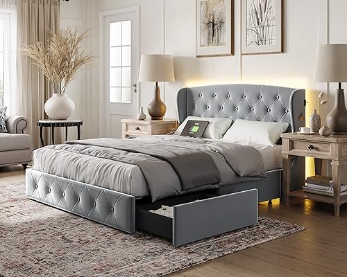 LINSY Queen Bed Frame with 4 Drawers, Velvet Upholstered Platform Bed with Button Tufted Headboard & Wingback, LED Lights, Type-C Chargers, No Need Box Spring, Light Grey