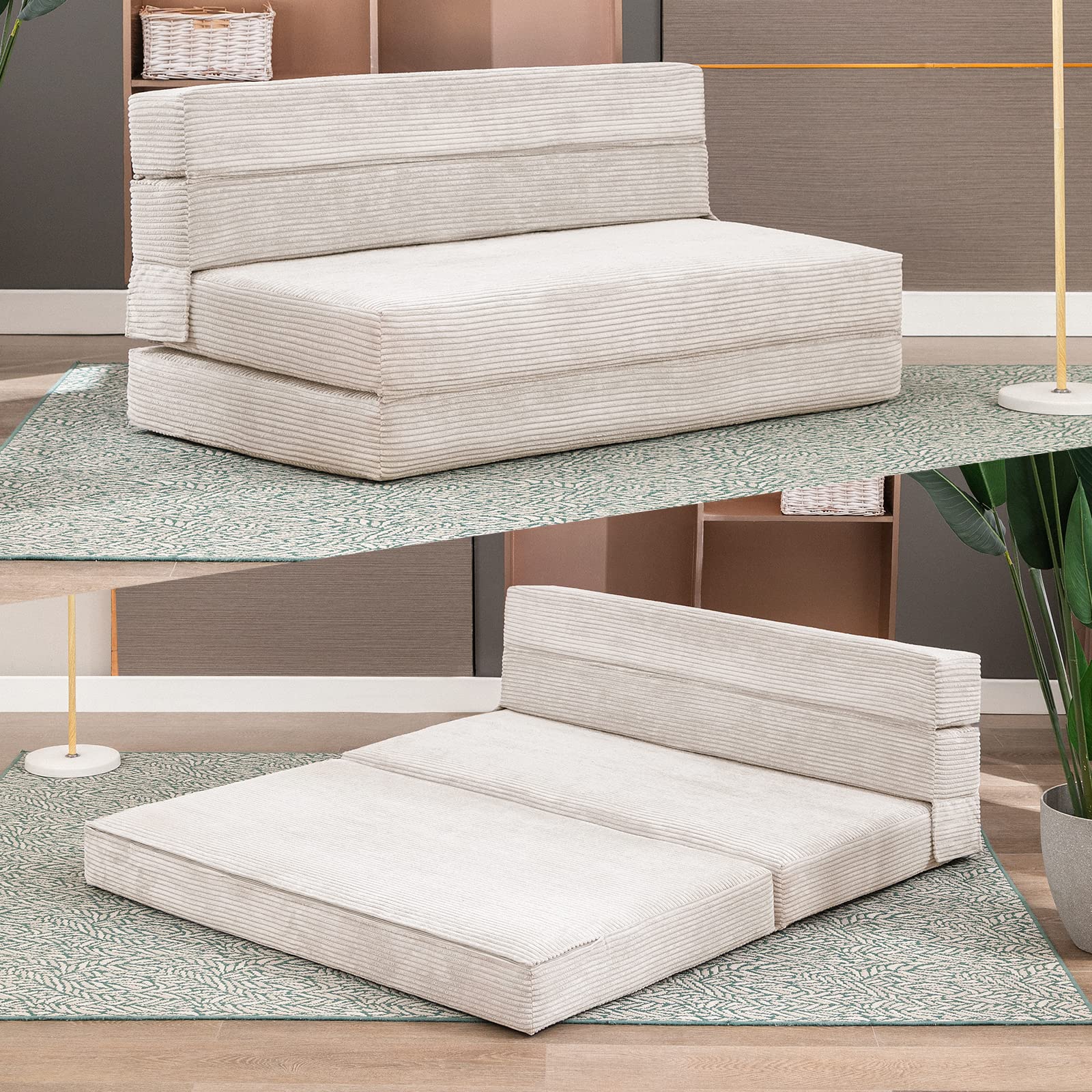 Mixoy Folding Sofa Mattress, Tri Fold Sofa Chair Bed 6.3”,Upholstered Guest Chaise,Floor Couch Sleeper,Folding Futon Sofa Bed Lounge Chaise for Guests,Living Room and Bedroom(Full Size,Beige) 1