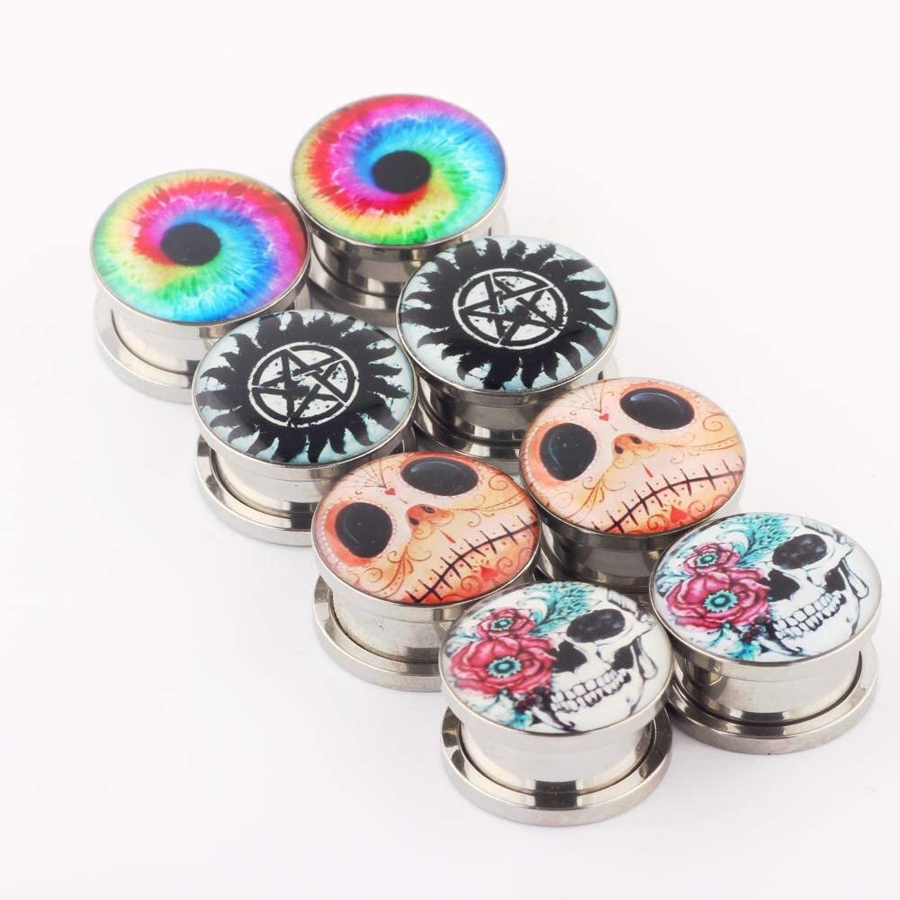 4 Pairs Surgical Steel Skull Ear Tunnels and Plugs 2g 0g 00g Earrings Gauges Expander Plugs for Ear (6mm=2g)