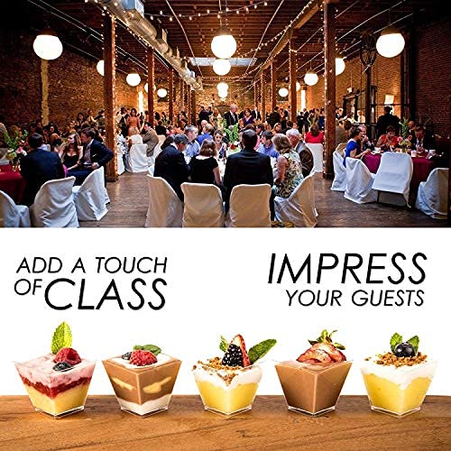 DLux 100 x 2 oz Mini Dessert Cups with Spoons, Square Short - Clear Plastic Parfait Appetizer Cup - Small Reusable Serving Bowl for Tasting Party Desserts Appetizers - With Recipe Ebook