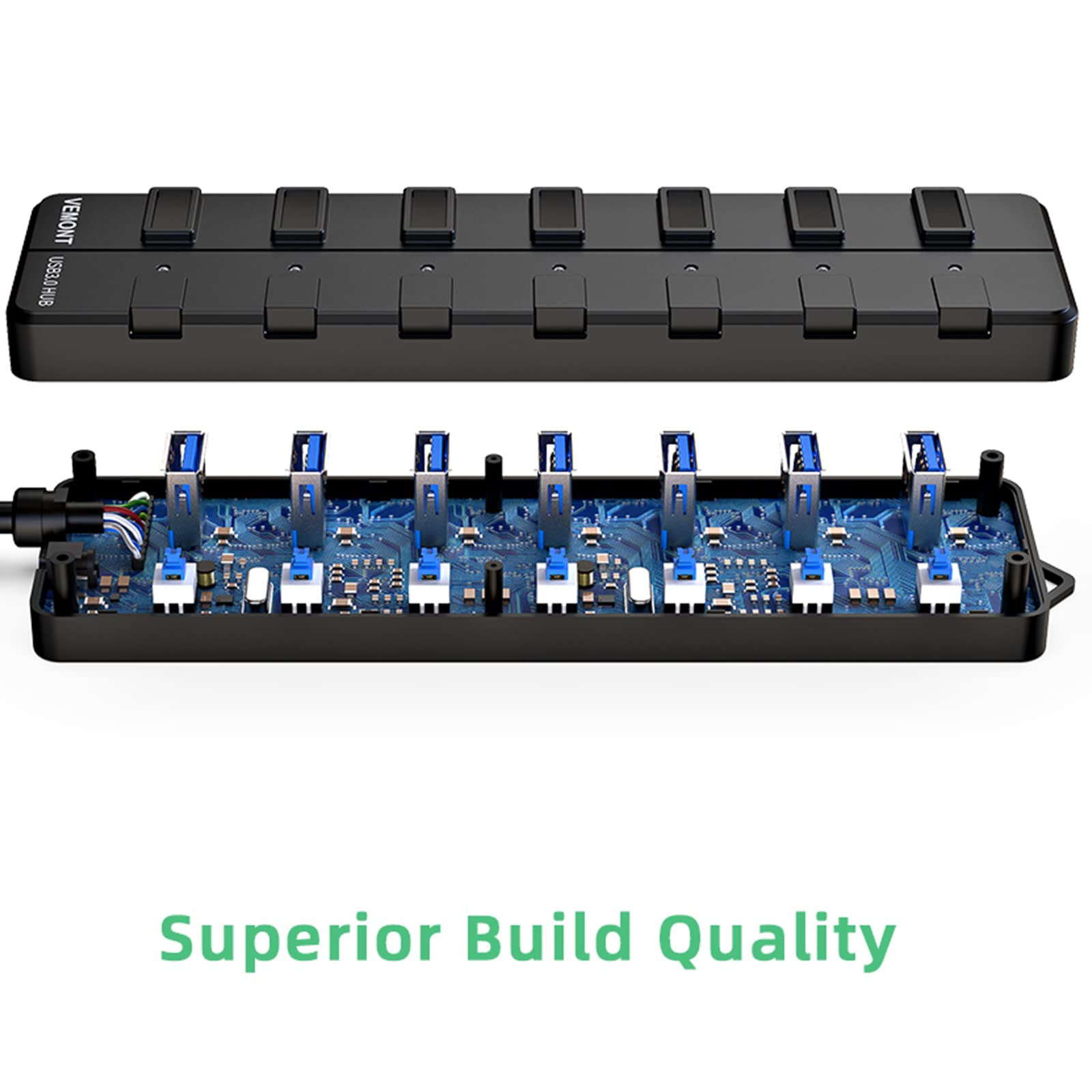 VEMONT USB hub,Computer Peripheral Equipment 7-Port USB 3.0 hub with 5V2A Power Adapter and Individual On/Off Switches,USB Charging hub 4ft/1.2m Long Cable