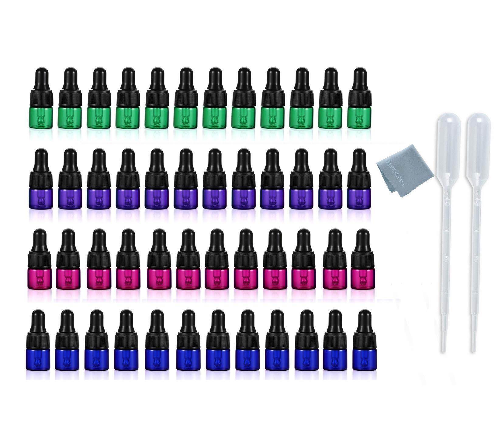 Elfenstall- 48Pcs/lot Small Dropper Bottles Colorful 1ml 1/4 Dram Essential Oil Glass Bottle Empty Lotion Perfume Sample Vials With Glass Eye Dropper + 1pc Clean Cloth + 2pc 1ml Dropper