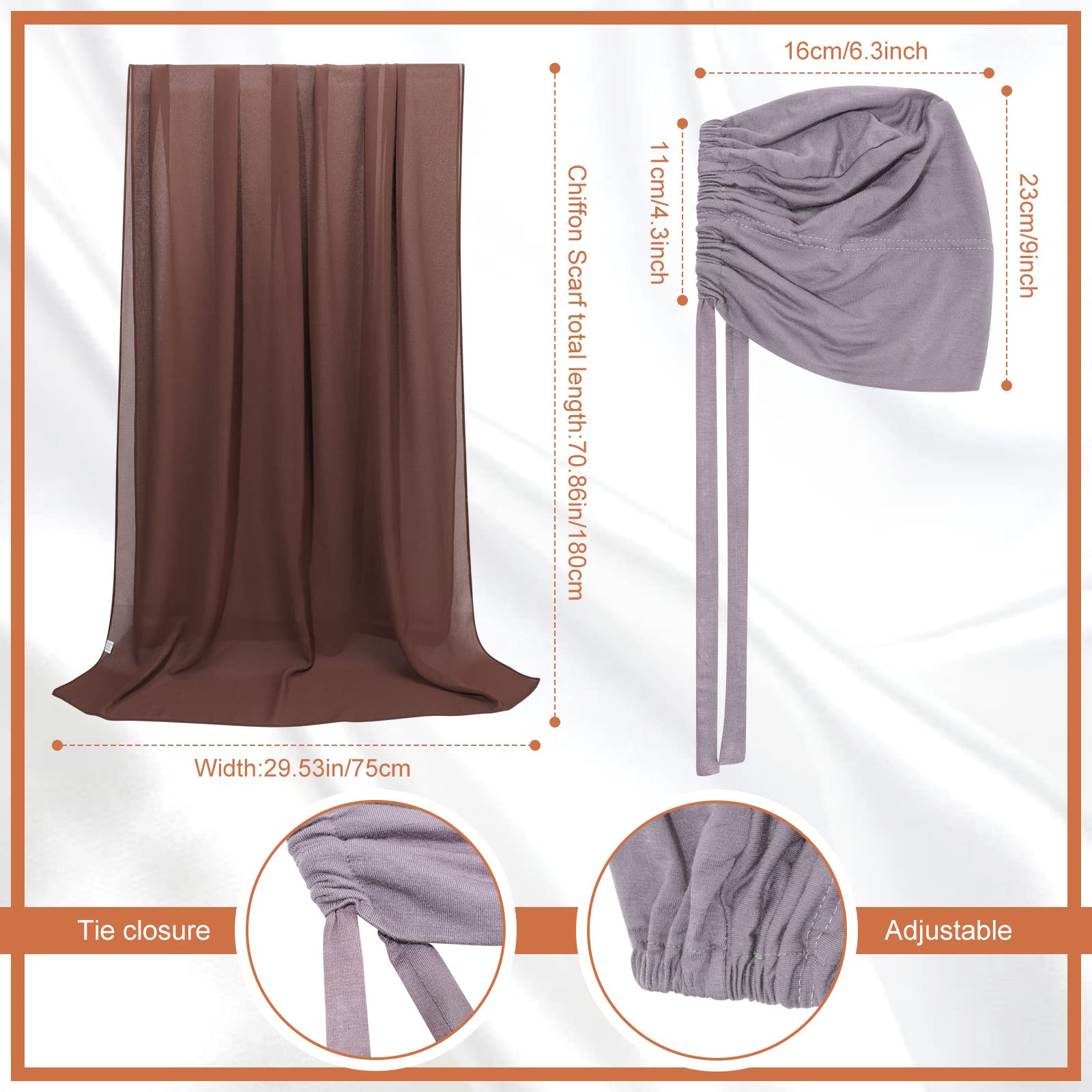 4 Pcs Women Chiffon Scarves 4 Pcs Hijab Caps Long Shawl Soft Wrap Scarves Islamic Muslim Underscarf Turban Caps Sleep Hats (Retro Colors)
