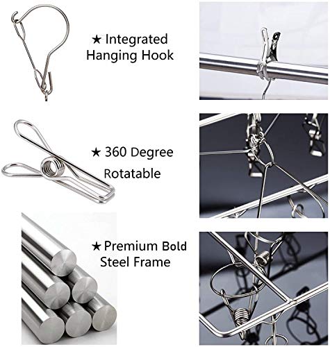Stainless Steel Sock Drying Rack with 36 Clips, Swivel Hook Wind-Proof Clothes Hanger Rack for Sock, Bras, Underwear, Laundry Accessories