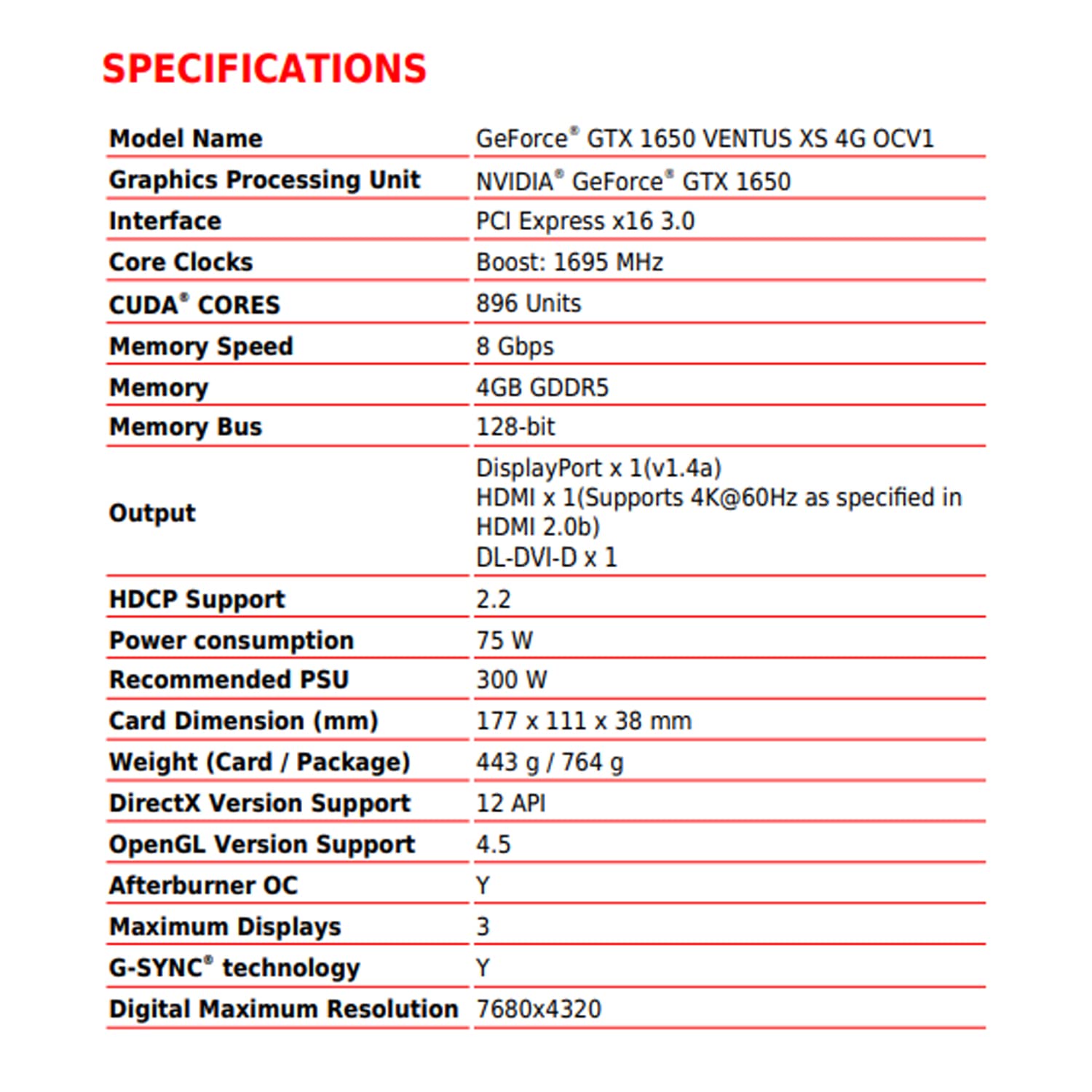 MSI GTX1650 VENTUS XS 4G OCV1