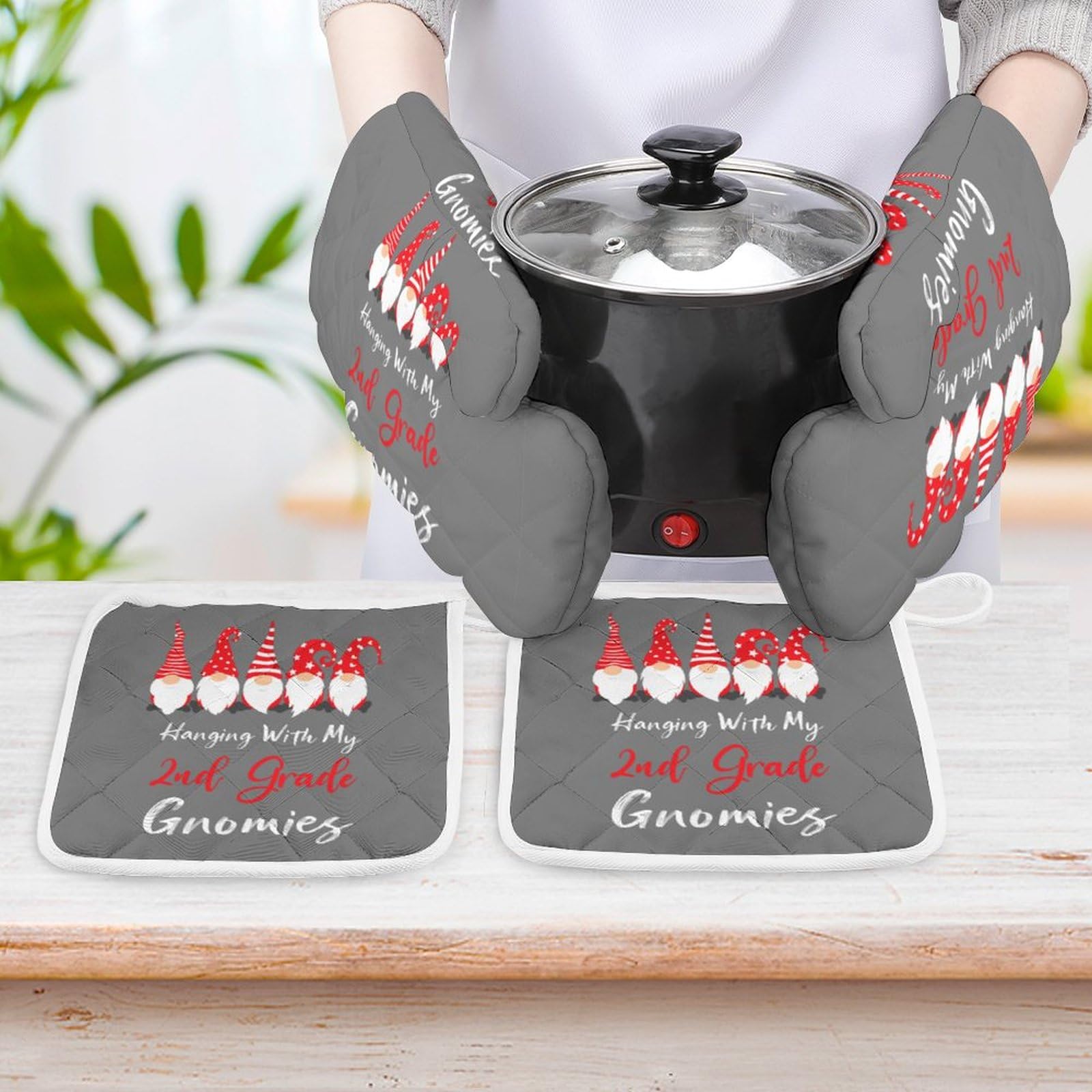 4PCS Oven Mitts and Pot Holders Sets, Funny Christmas Gnome Oven Mitts Set Heat Resistant Kitchen Microwave Gloves Safe for Baking,Cooking, BBQ
