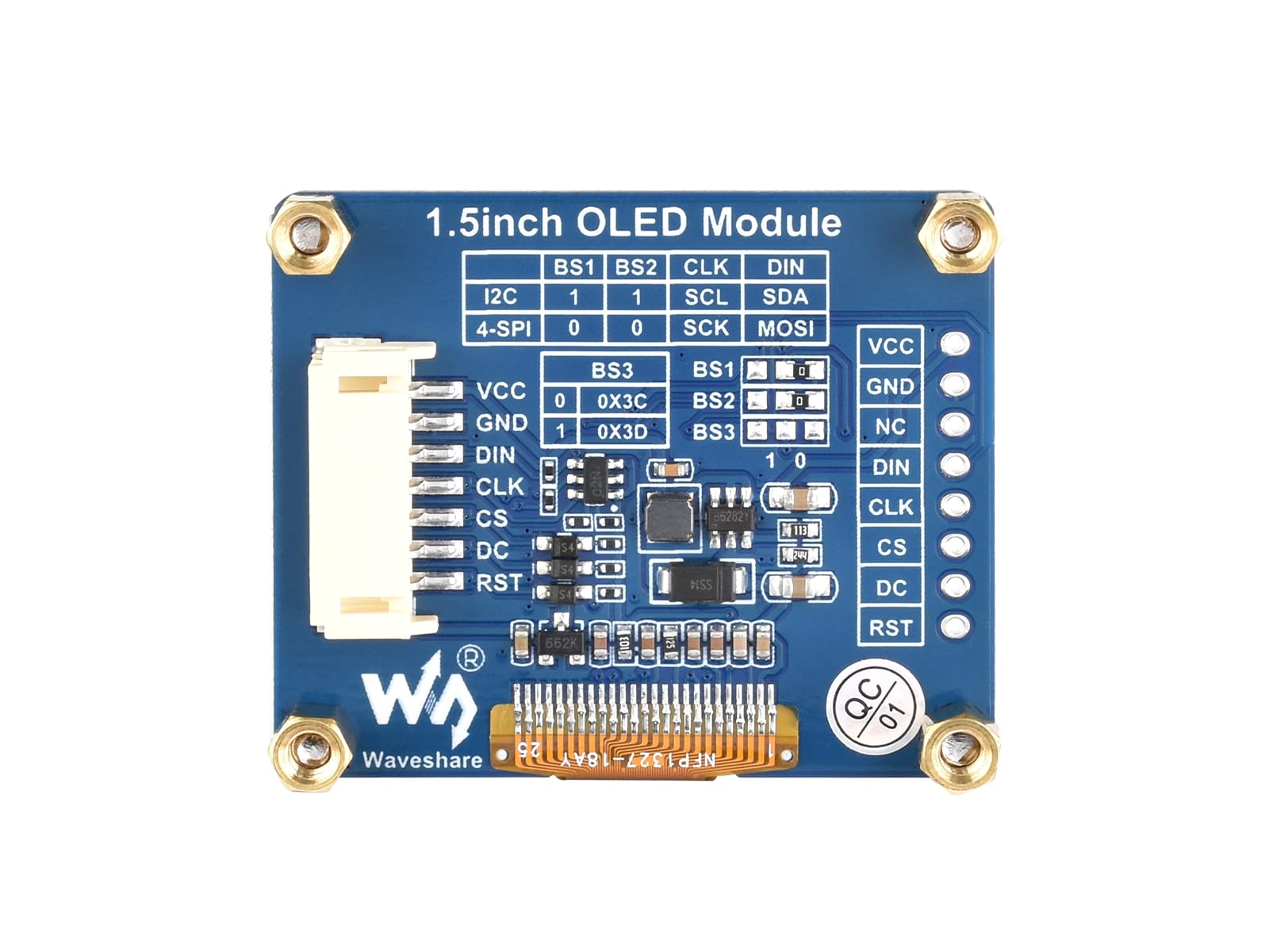 Waveshare 1.5inch OLED Display Module 128x128 Pixels 16-bit Grey Level with Embedded Controller Communicating via SPI or I2C Interface.