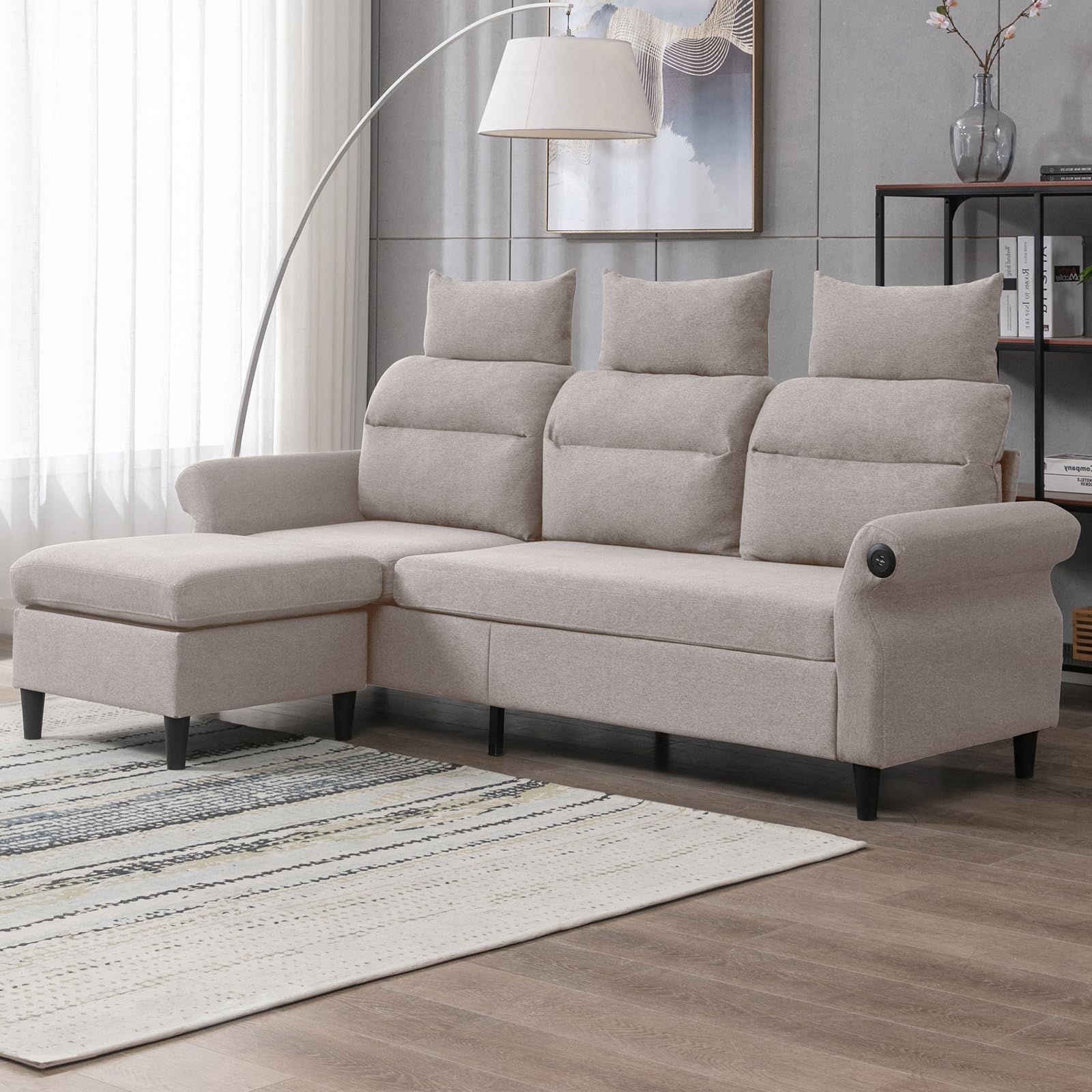 Mjkone Convertible Sectional Sofa Couch, 3 Seat L Shaped Headrest Sofa with 2 USB Ports and Adjustable Armrest, 88" W Modular Sectional Sofa Set with Storage Ottoman for Living Room, Beige