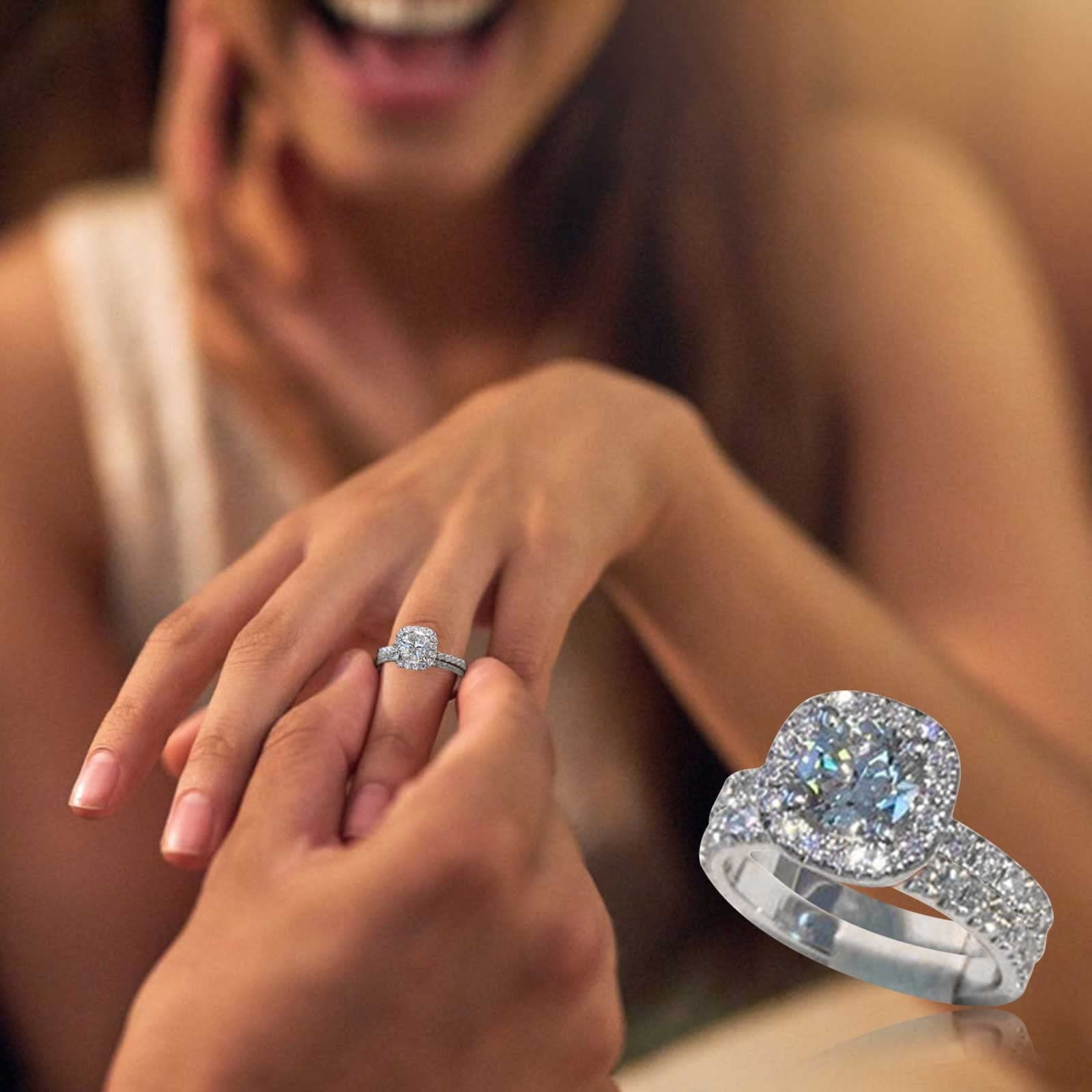 2pcs Full Diamond Ring Set for Women Exquisite Stackable Square Diamond Engagement Wedding Jewelry Birthday Valentine's Day Gifts