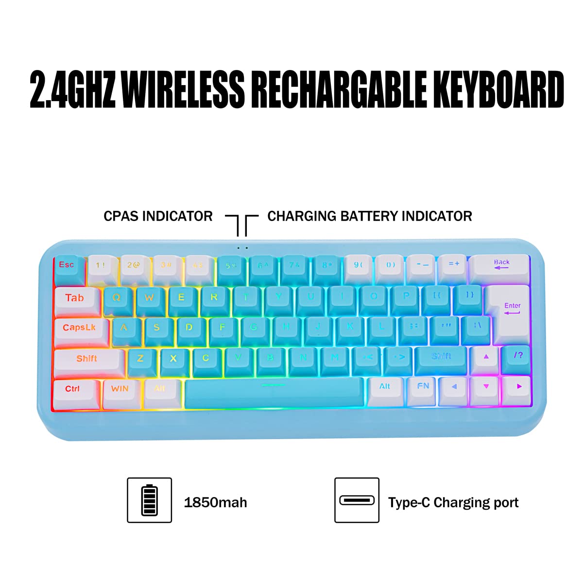 7KEYS 60% 2.4G Wireless Gaming Keyboard with Wrist Rest, Compact 63 Keys Mini RGB light up keyboard for PC Mac Laptop, Portable, Rechargeable Quiet for Typing and Gaming (Blue&white)