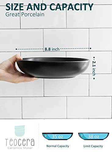 Teocera Pasta Bowls, Large Salad Bowls, Porcelain Bowl Set, Wide and Shallow, Microwave and Dishwasher Safe, 35 Ounce - Set of 4, Matte Black