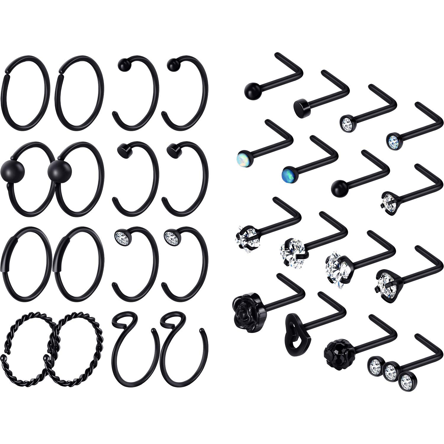 32 Pieces C-Shaped Nose Ring L-Shaped Hoop Tragus Nose Studs Bone Curved Hoop Tragus Cartilage Hoop Piercing (Black)