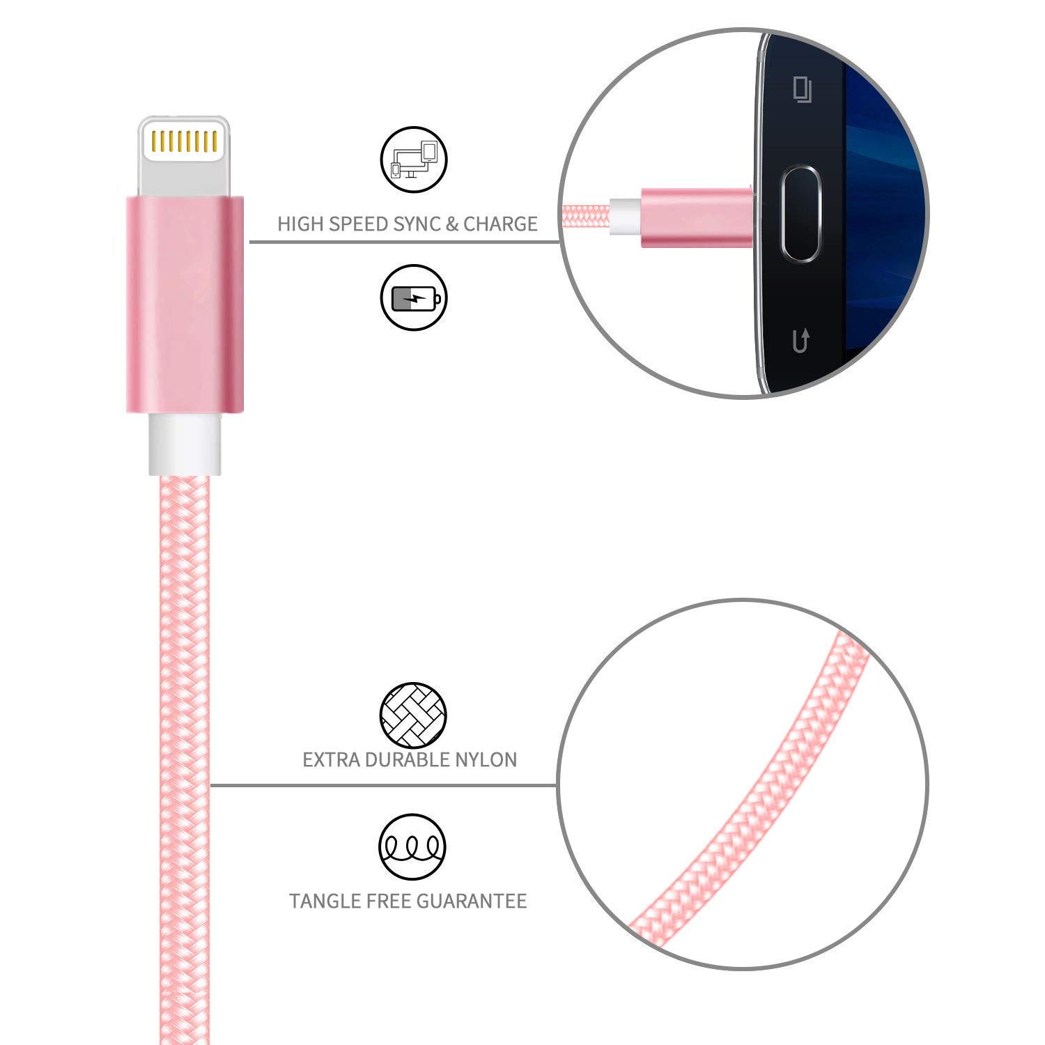 sharllen iPhone Charger Cord iPhone Lightning Cable 3/3/6/6/10FT 5Pack Nylon Braided USB Fast iPhone Charging Cable&Syncing Long Cord Compatible iPhoneXs/Max/XR/X/8/8P/7/7P/6/5/iPad/iPod (Rose Gold)